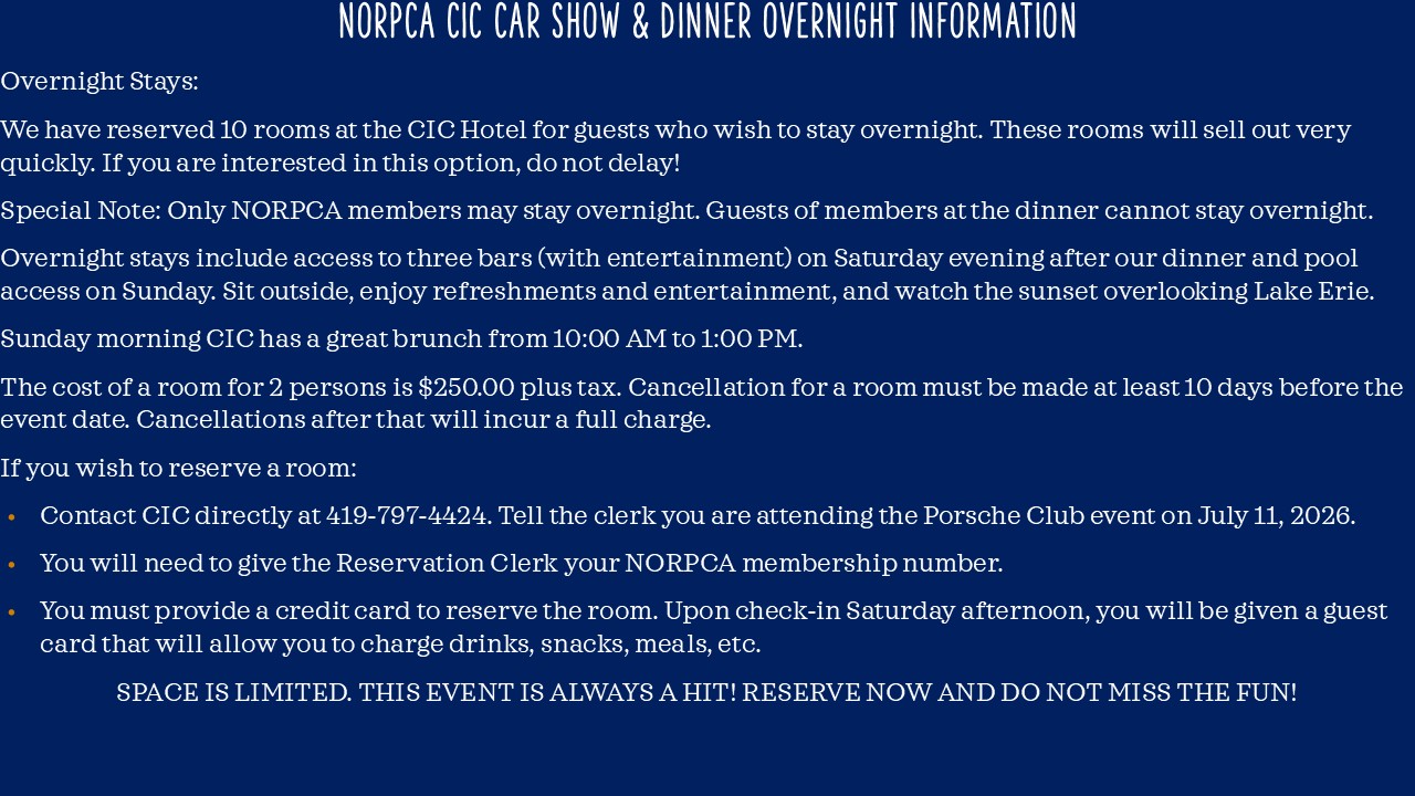 NORPCA Catawba Island Club Car Show, Dinner and special guest 7/11/2026 ...